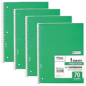 Mead Spiral Notebooks, 1 Subject, Wide Ruled Paper, 70 Sheets, 10-1/2 x 7-1/2 inches, Green, 4 Pack (38300)
