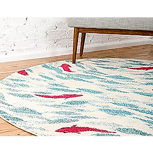 Unique Loom Positano Collection Coastal Modern Bright Colors Fish Beige Round Rug (6' x 6')
