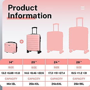 AnyZip Suitcase, 20" Carry On Luggage 14" Mini Cosmetic Cases Luggage Sets Hardside PC ABS Lightweight USB Suitcase with Wheels TSA (2 Piece Set 14/20, Pink)