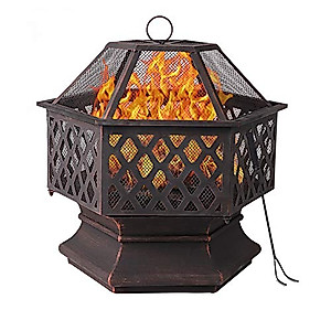 OKIDA Hex-Shaped Fire Pit Iron Brazier Wood Burning Coal Pit Bonfire Firebowl Stove Outdoor Metal Fireplace with Mesh Screen Cover Poker for Patio Backyard Garden Beach Camping Picnic 24in Bronze