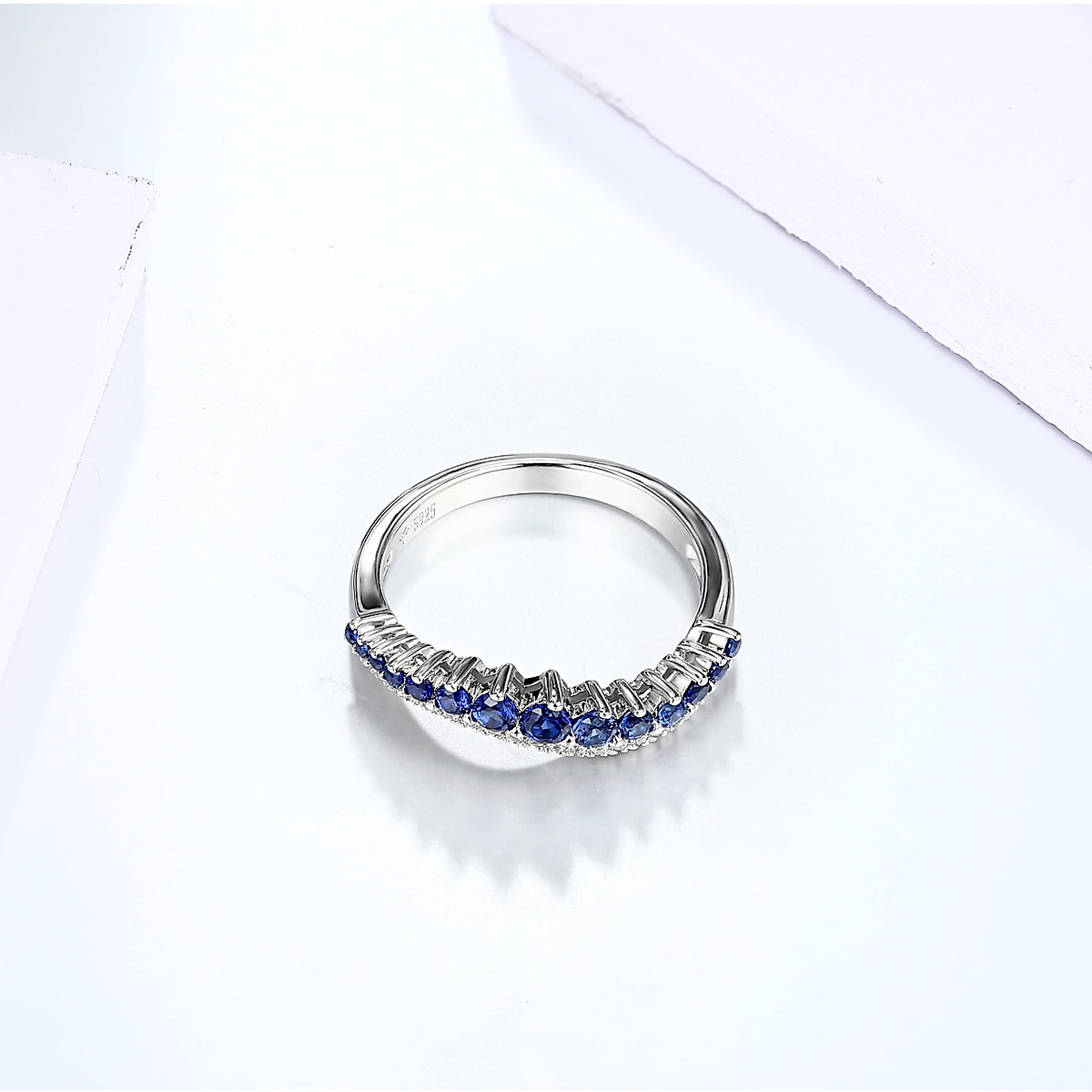 Pumi-geous Blue Spinels Sterling Silver Ring Rhodium-plated S925 Created Blue Sapphire Round Cut Wedding Rings Engagement Jewelry For Wemon (US#6)