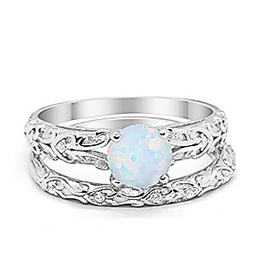 Blue Apple Co. Art Deco Two Piece Wedding Engagement Bridal Set Created White Opal Round Cubic Zirconia 925 Sterling Silver, Size-7