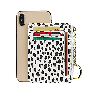 Women's 8 Cards Slim Minimalist Card Holder Coin Changes Purse Keychain Front Pocket Wallet, White Dot