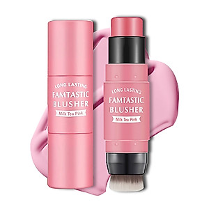 Cream Blush Stick with Brush,Waterproof Blush Makeup,Long Lasting 3 In 1 Cheek Blush & Lip Tint & Eye Shadow Makeup Stick,Easy To Use Blends Effortlessly,Cream Blush Makeup for All Skin Tones - Cherry Pink