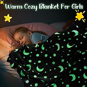 Glow in The Dark Throw Blanket Christmas Birthday Gifts for Kids, Flannel Fleece Blanket Soft Warm Cozy Kids Blanket for Boys Girls, 47 x 59 Inches (Moon, Star,4 Pieces)