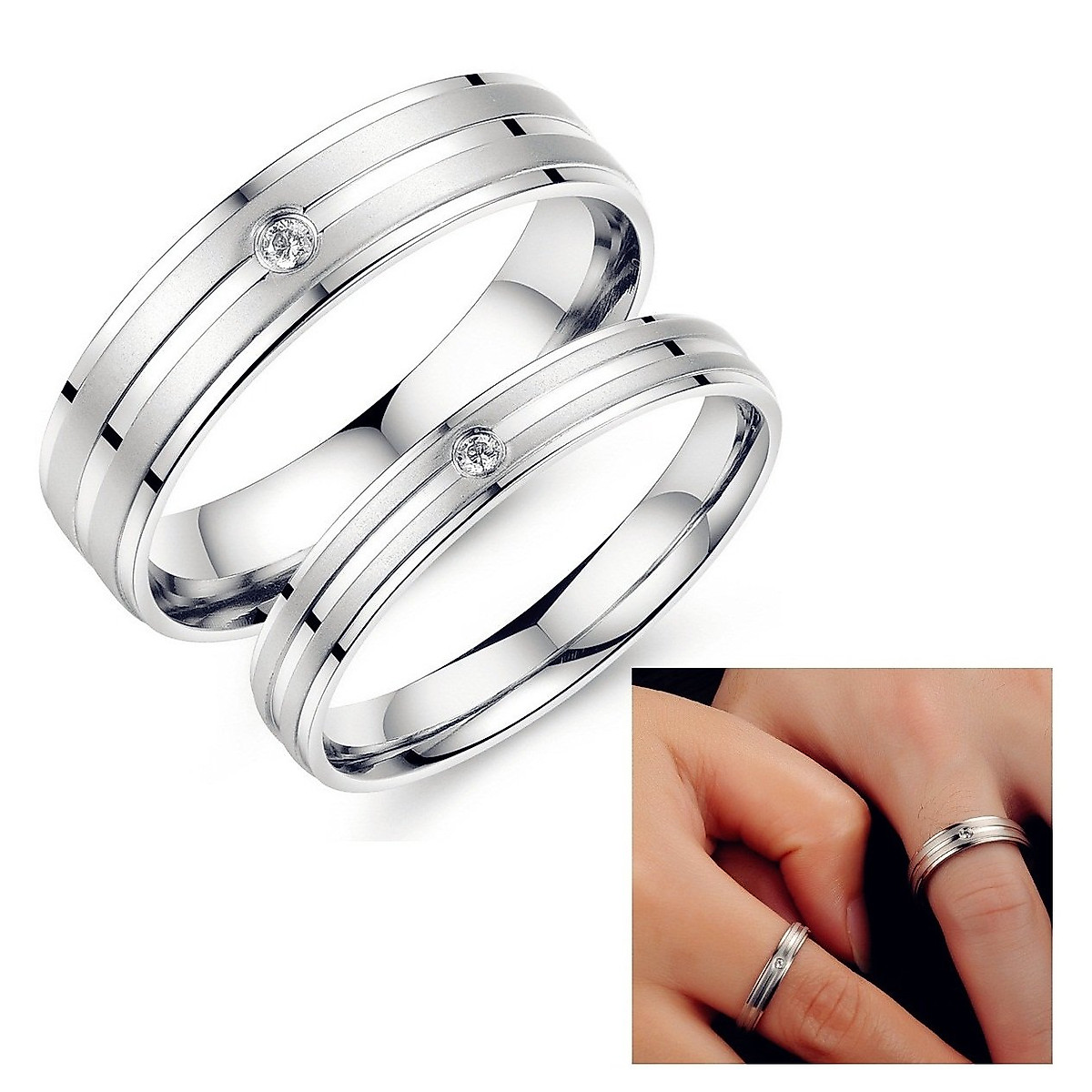 His or Hers Matching Set Titanium Stainless Steel Couple Wedding Band Set in a Gift Box