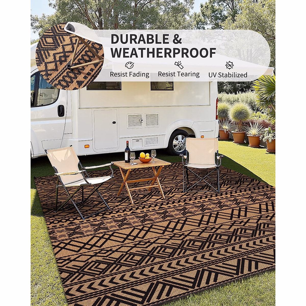 MontVoo-Outdoor Rug Carpet Waterproof 5x8 ft Reversible Patio Rug RV Camping Rug-Plastic Straw Rug Outside Indoor Outdoor Area Rug for Patio Deck Balcony Picnic Beach Outdoor Decor Boho Black Brown
