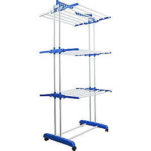 Foldable Clothes Drying Racks with Storage Shelves, Garment Rack with Rolling Free-Standing Clothing Rack Closet Organizer with Double Rods/Lockable Wheels & 2 Pairs Side Hooks (Blue)