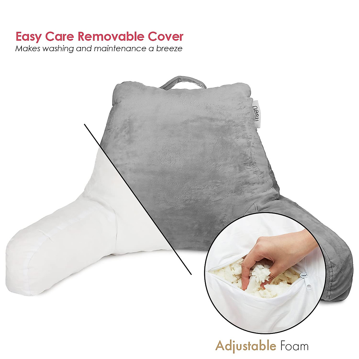 Nestl Reading Pillow Standard Bed Pillow, Back Pillow for Sitting in Bed Shredded Memory Foam Chair Pillow, Reading & Bed Rest Pillows Grey Back Pillow for Bed, Bed Chair Arm Pillow with Pockets