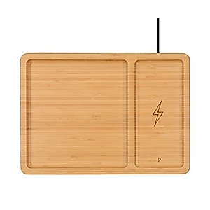 [PJ Collection] Bamboo Organizer Valet Tray with Wireless Charging, Desk and Night Stand Organizer, 2 in 1, 15W Charging Station，Wireless Charging Station