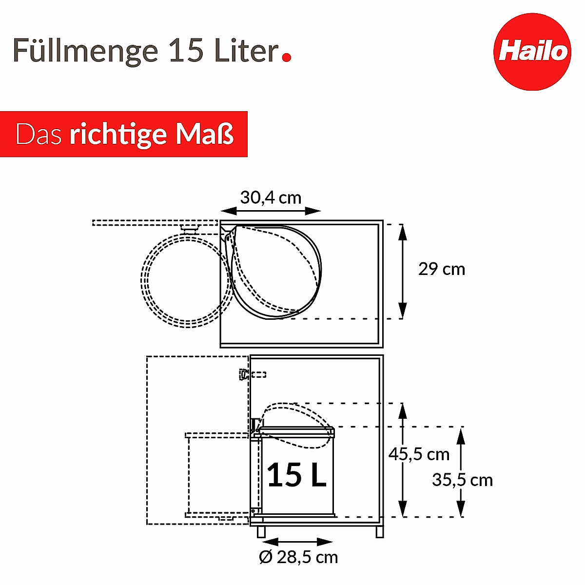 Hailo Compact-Box M Built-in Pull-Out Waste bin | 1 x 15 liters / 4.0 gallons | Lid Lift System | for hinged Door Base cabinets from 15.7 in | Stainless Steel | Made in Germany
