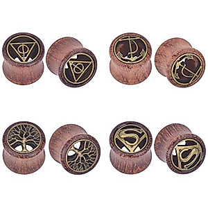 IPINK-4 Pairs Tree of Life Anchor Hallows Organic Wood Tunnels Double Flared Ear Stretcher Saddle Plugs Gauge 8mm - 20mm (4 Pairs of 12mm (1/2"))