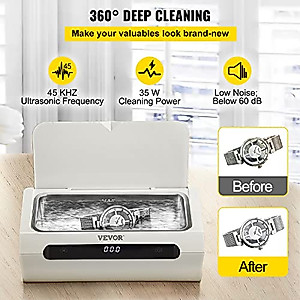VEVOR Ultrasonic Jewelry Cleaner, 45kHz 500ml, Professional Ultrasonic Cleaner w/ 4 Digital Timer & SUS 304 Tank, Cleaning Basket Included, Ultrasonic Cleaner Machine for Jewelry Watches Coins, White