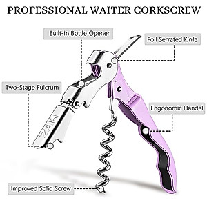 HYZ 4-Pack Wine Opener Waiter Corkscrew, Professional Wine Key for Servers, Bartender with Foil Cutter, Manual Wine Bottle Opener Double Hinged (White,Pink,Purple,Aqua Blue)