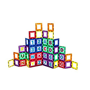 Playmags Magnetic Tile Building Set: Exclusive Educational Clickins 36-Pc. Kit: 18 Super Strong Clear Color Magnet Tiles Windows & 18 Letters & Numbers Stimulate Creativity & Brain Development