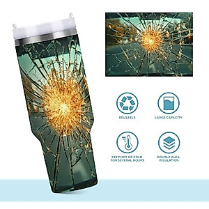 Jihqo Broken Windshield Print 40 oz Stainless Steel Vacuum Insulated Tumbler with Handle and Straw Lid, Leakproof Water Bottle Double Wall Travel Mug Coffee Cup, Cupholder Friendly