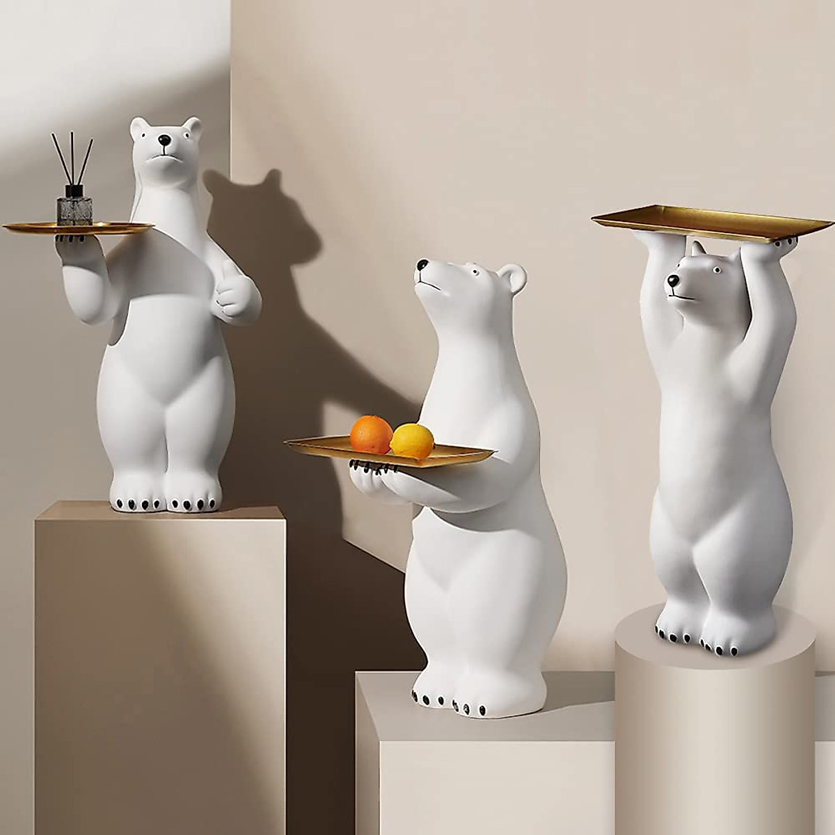 Pearlead Resin Polar Bear Sculpture with Metal Tray Animal Figurine Ornament Standing Statue Candy Dish Decorative Tray for Keys Home Office Hotel Decoration Holding
