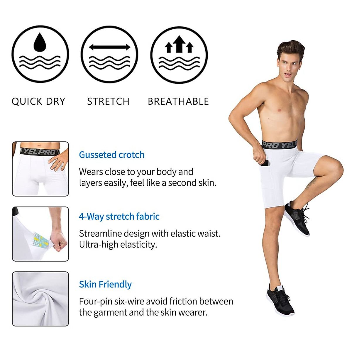 EARGFM Men's Compression Pockets Running Workout Cool Dry Sport Spandex Bike Riding Shorts Tights Underwear, White*3, X-Large