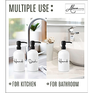 Alora Hand Soap Dispenser and Liquid Dish Soap Dispenser for Kitchen Sink - Set of 2 - Black Metal Pumps - Reusable Plastic Bottle with Easy to Read Lettering - Countertop Replacement Refill