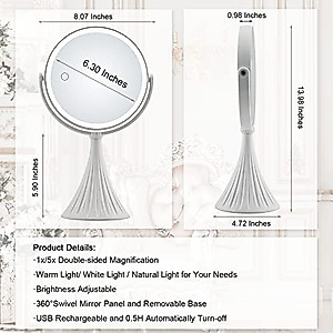 McegFen Rechargeable Lighted Makeup Mirror, 3 Color Lights Double-Sided 1x/5x Magnifying Mirror, Brightness Adjustable Smart Vanity Mirror with Lights Mode 360°Swivel and Touch Control Design