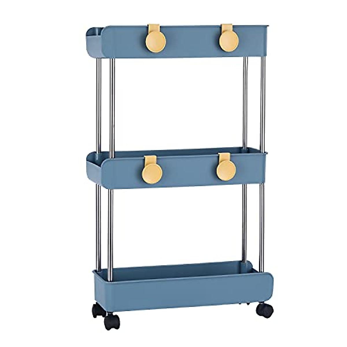 Slim Storage Cart, 3 Tier Mobile Shelving Unit Organizer, Slide Out Rolling Utility Cart Shelf Rack for Kitchen Bathroom Laundry Room Narrow Places, Plastic & Stainless Steel, Navy Blue