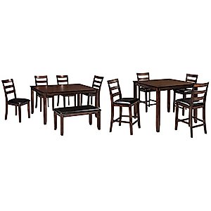 Signature Design by Ashley Coviar 6 Piece Dining Set, Includes Table, 4 Chairs & Bench, Dark Brown & Coviar 5 Piece Counter Height Dining Set, Includes Table & 4 Barstools, Brown