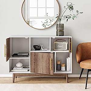 Nathan James Ellipse Multipurpose Storage Cabinet with Display Shelves and Doors, Entryway Modern Buffet or Kitchen Sideboard with Glam Gold Brass Accent, TV Stand, White