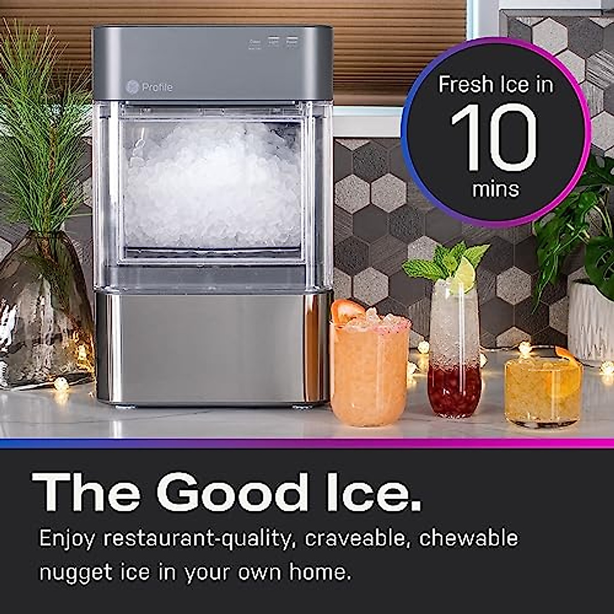 GE Profile Opal 2.0, Chewable Crunchable Countertop Nugget Ice Maker, Scoop included, 38 lbs in 24 hours, Pellet Ice Machine with WiFi & Smart Connected, Stainless Steel