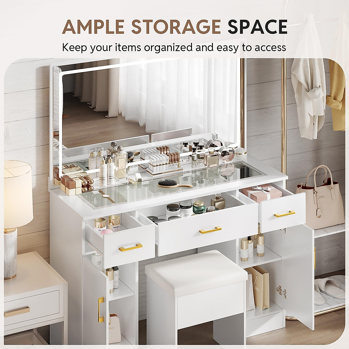 WAYES 43.3" Clear Glass Top Makeup Vanity Desk Set with LED Mirror, Charging Station, and Storage Stool, Modern, White