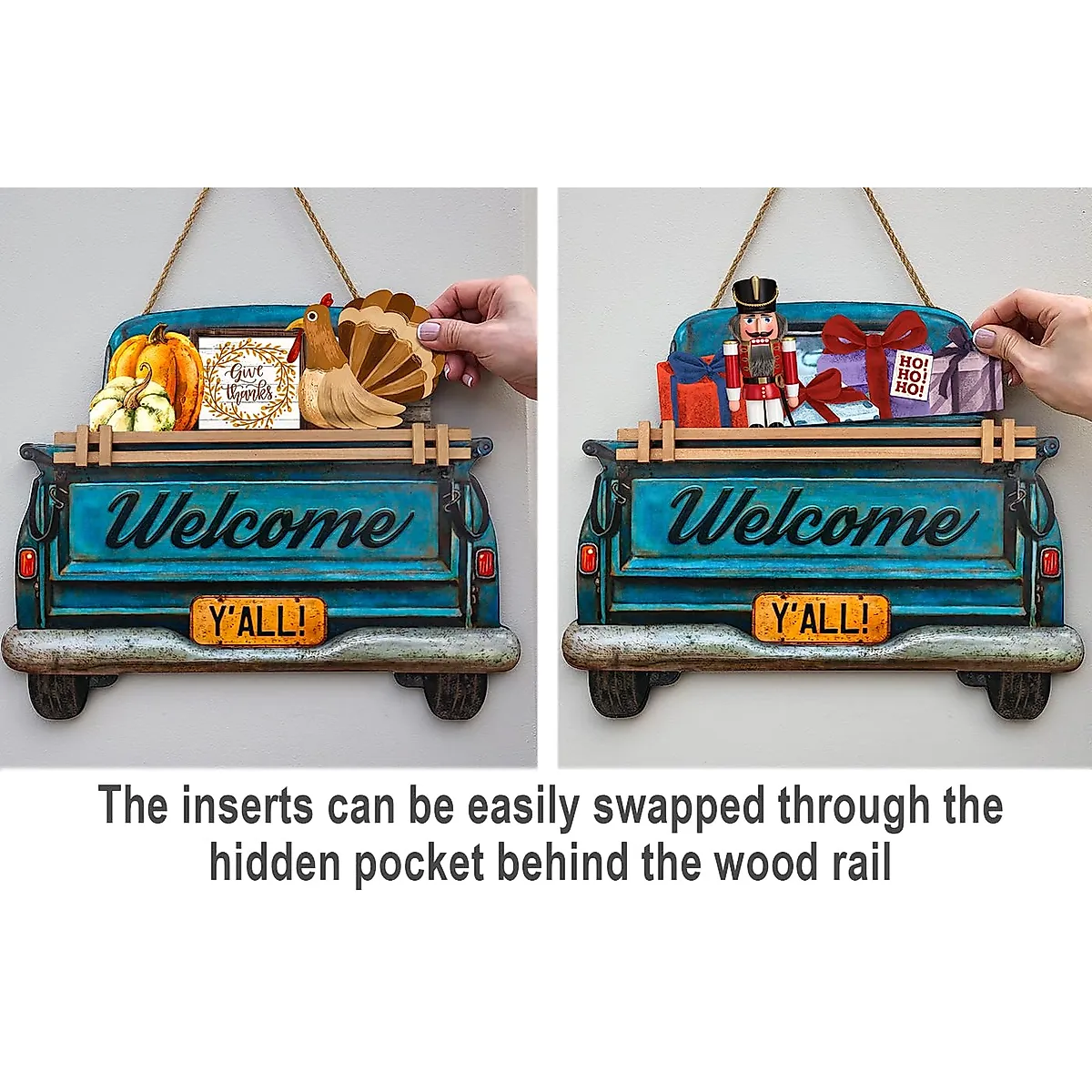 Interchangeable Welcome Sign for Front Door Blue Farmhouse Truck Decor Hanging Sign with 11 Interchangeable Seasonal and Holiday Decor Signs 12x14 in. (Blue Farmhouse Truck)