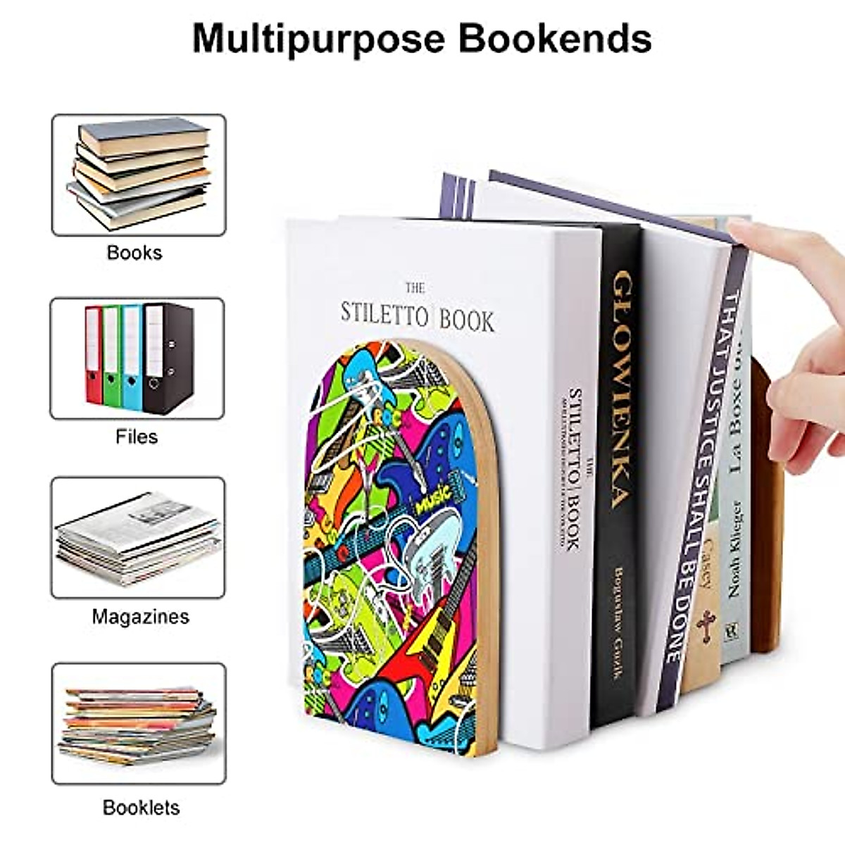 Music Theme Book Ends 2 Piece Universal Heavy Duty Bookends Non-Skid Wood Books Stopper Desktop Organizer Office School Library Home Bookshelves Decor for Men Women Magazines CDs 6.7"x4.7"