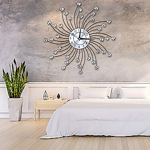 NCONCO Wall Clock, Sparkling Bling Metallic Silver Flower-Shaped Wall Clock for Living Room Officeï¼ˆArc Flowerï¼‰