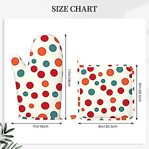 Polka Dot Printed Oven Mitts and Pot Holders Sets Heat Resistant Kitchen Oven Gloves Potholders Set Extra Long Non-Slip Silicone Gloves for Cooking Baking BBQ