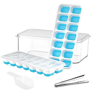 DOQAUS Ice Cube Tray with Lid and Bin, Upgraded Silicone Ice Cube Trays for Freezer with Container Ice Cube Maker Stackable Easy Release, 2 Pack Ice Trays & 1 Pack Ice Bucket Tong Scoop