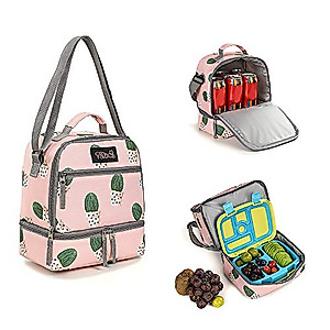 Tilami Lunch Bags Insulated Adjustable Strap Zipper, Two Compartments Cooler Bags, Bento Bags for Kids Toddlers, Cactus