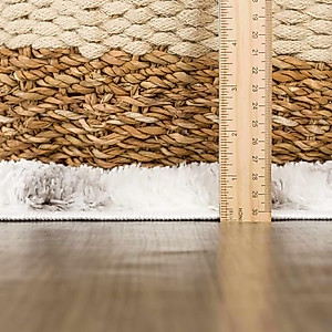 Hauteloom Mette Living Room, Bedroom Shaggy Area Rug - Bohemian Modern Striped Farmhouse Shag - Fluffy Soft Touch High Pile - Gray, White, Vizon - 6'7" x 9'