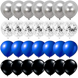 Royal Blue Black Balloons Kit,12inch Blue Black Silver Balloons,55piece Navy Blue Sliver Confetti Balloons for Boy Birthday Party Video Gaming Birthday Party Baby Shower Graduation Party Decorations