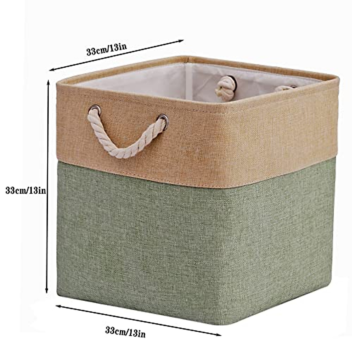 Extra Large Cube Storage Baskets (13 × 13 × 13 inches), Canvas Fabric Storage Boxes with Cotton Handles for Cupboards, Shelves, Clothes, Toys, Towel (Large, Green)