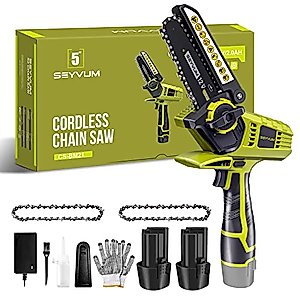 SEYVUM Mini Chainsaw with 2 Batteries 2 Chains, Portable Electric Chainsaw Cordless Handheld Small Power Chain Saws with Security Lock, Hand Saw for Trees Trimming Branch Wood Cutting