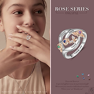 LanM Mothers Day Gifts Mothers Rings with 3 Birthstones Rose Ring Personalized Sterling Silver Custom Mom Ring with Name Gift for Wife Grandmother Family