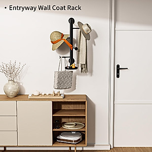 RCHYFEED Coat Rack Wall Mount, Vertical Coat Tree for Wall 16.9 Inch, Metal Modern Wall Hat Rack for Jackets, Bags, Hats, Swivel Coat Hanger with 6 Branches Key Tray for Entryway Living Room