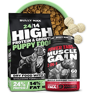 Bully Max 24/14 High Protein Puppy Food 5-Pound Bag & 2-in-1 Muscle Builder 60 Chewable Tabs Bundle - Fuels Growth & Supports Peak Performance for Small Dogs and Large Breed Dogs
