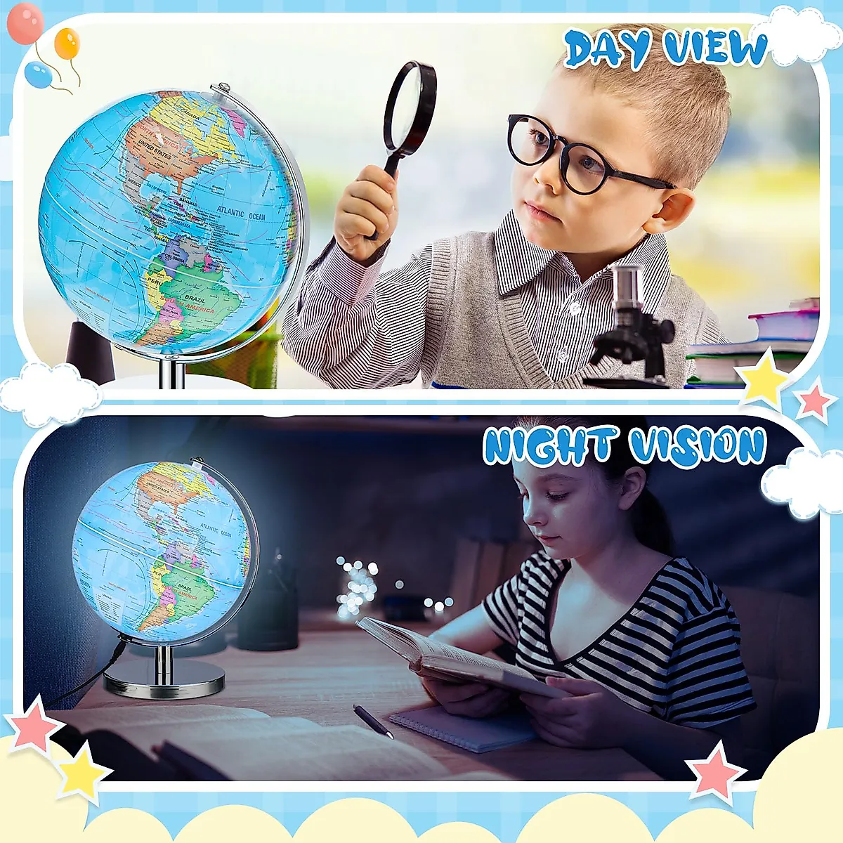 2 Pcs 8.7'' Illuminated World Globe with Stand, World Globe for Kids Learning with Build in Led Night Light, Educational Interactive Globe Lamp Light up Geographic Globes for Home Desk Classroom