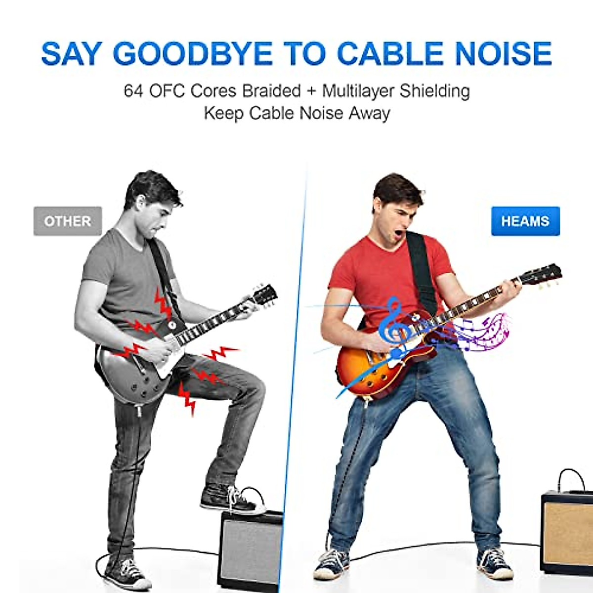 Heams Premium 10 FT Guitar Cable, 1/4 Inch Instrument Cable- Noise Free and Super Durable Guitar Chord- AMP Cord for Bass, Electric Guitar, Electric Mandolin, Right Angle