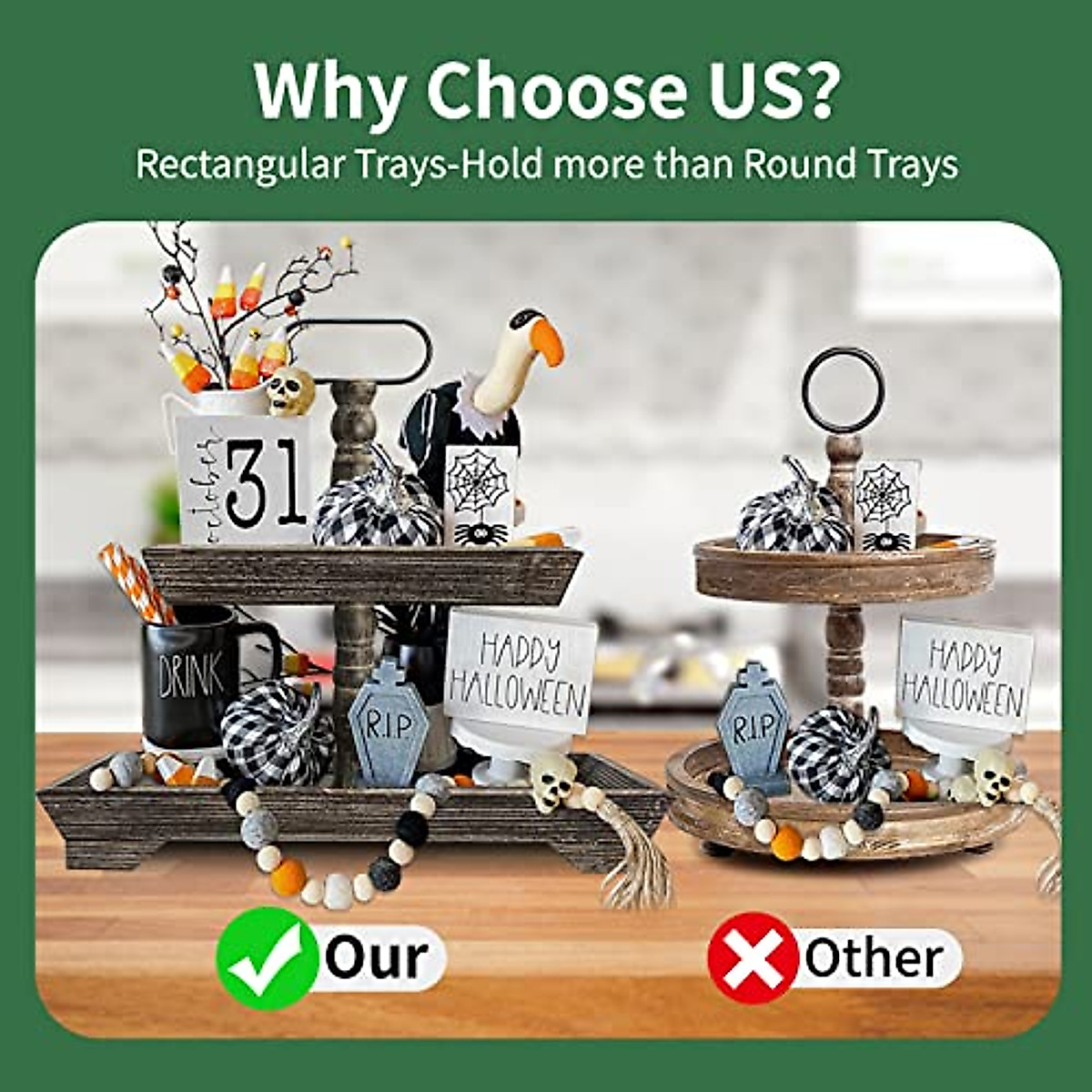 Farmhouse Decor 2 Tiered Tray Decorative Holder -Rustic Rectangular Wooden Stand for Countertop Home Kitchen Table Decor