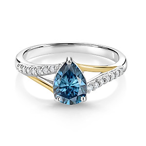 Gem Stone King 925 Silver and 10K Yellow Gold 8X6MM Pear Shape Gemstone Birthstone and White Lab Grown Diamond Engagement Ring For Women | Available In Size 5, 6, 7, 8, 9