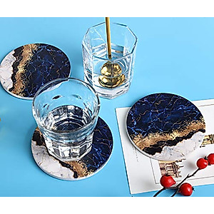 RoomTalks Blue and Gold Marble Coasters for Drinks Absorbent 4PCS Modern Abstract Ceramic Coaster Set Cork Back Glitter Stone Coasters for Wooden/Coffee Table (Navy, 4 Pieces)