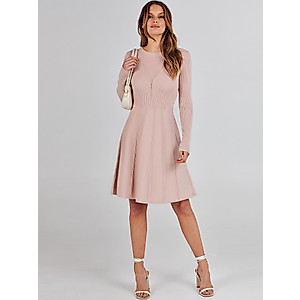 ANRABESS Women Midi Sweater Dress Long Sleeve Crewneck High Waist Casual A-Line Pleated Dresses Pink Small