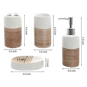 MyGift Bathroom Accessories Set, Deluxe 4 Piece White & Beige Ceramic Bath Accessory Set with Soap Pump Dispenser, Toothbrush Holder, Tumbler & Soap Dish