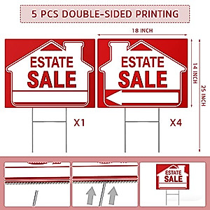 [5 Pack] Estate Sale Signs Set,18 x 14 Inch Estate Sale Yard Signs with Double Sided, Estate Sale Arrows Signs with Metal H Stakes,Property Sale Directional Arrows Signs,WEATHER-PROOF